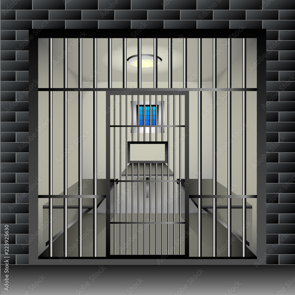 prison cell. Jail interior room interior with window grille and ...
