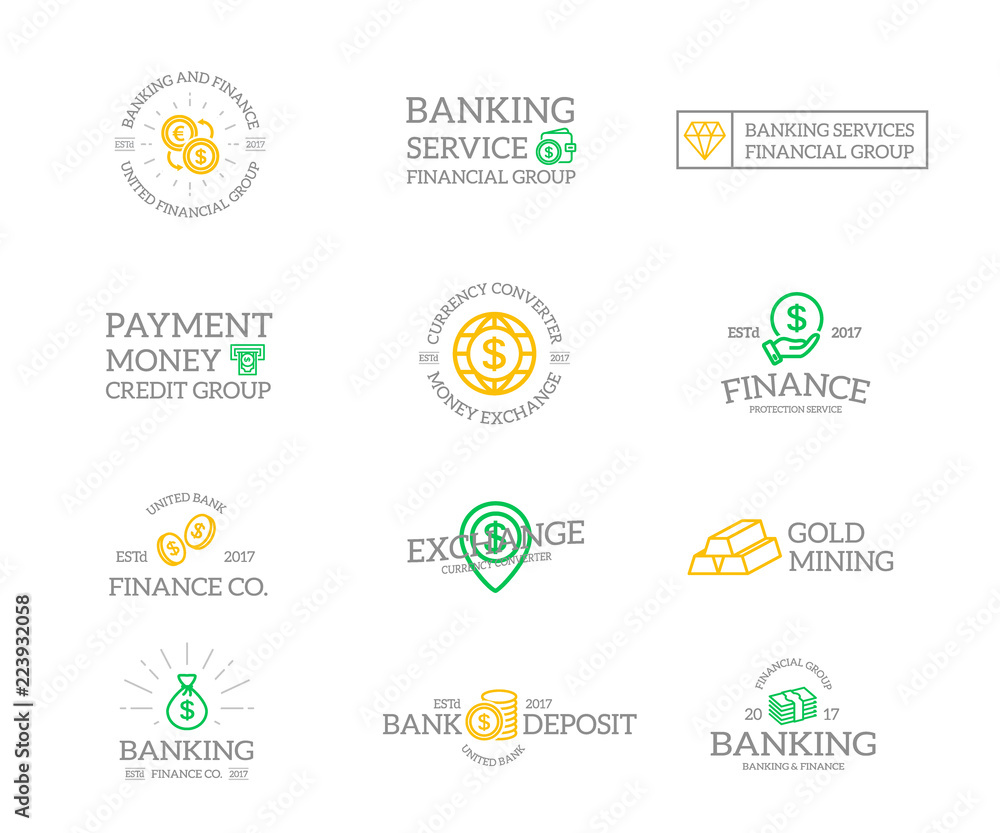 Set of retro vintage money and bank logo or insignia, emblems, labels ...