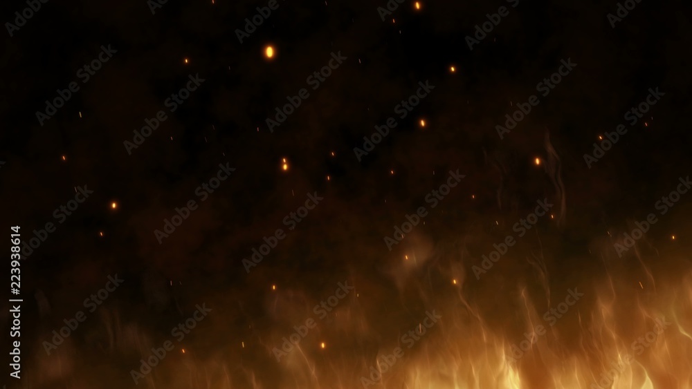 Realistic large fire with hot sparks rise in the night sky. Burning red ...