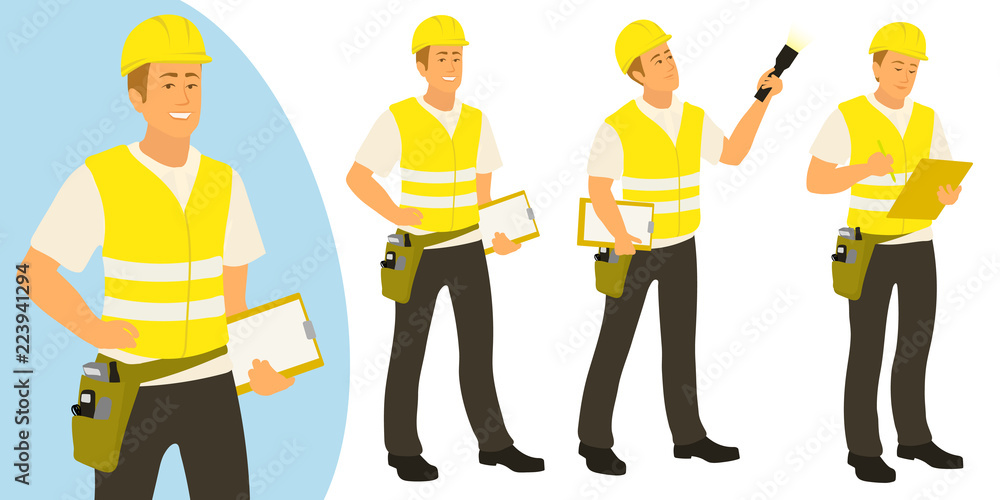 Building inspector man poses set for infographics or advertisement ...