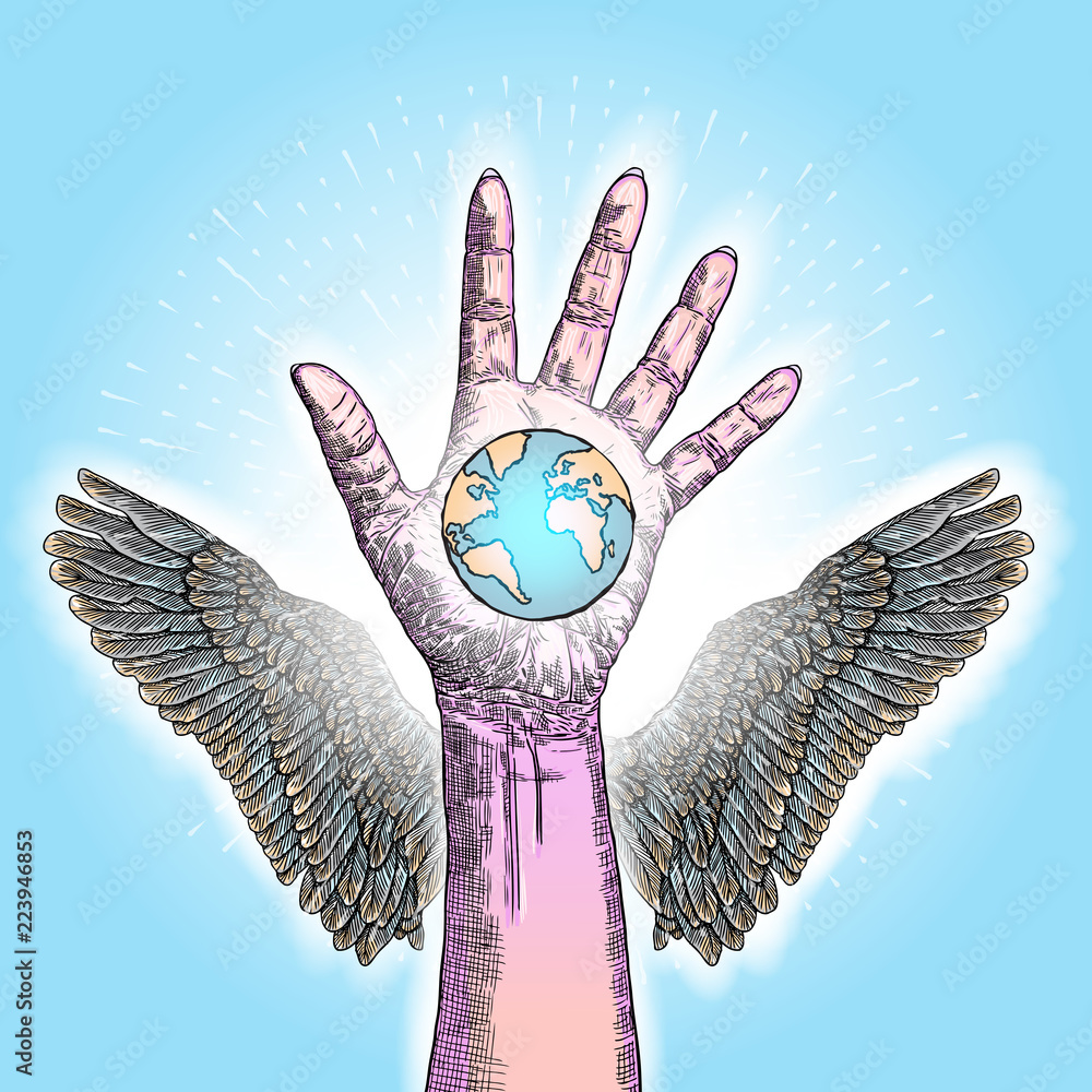 Green world concept. Earth in angel guardian hands. Hand with wings ...