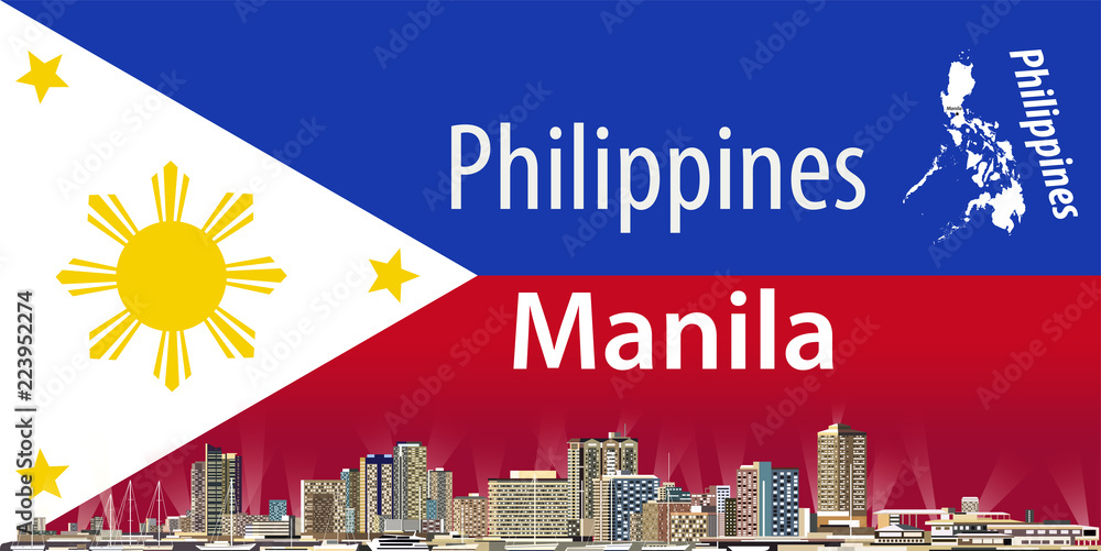 Manila city skyline with flag of Philippines on background vector ...