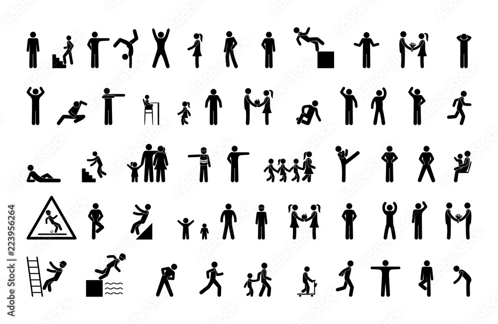 set of man icons, various poses and movements, silhouette figure stick ...