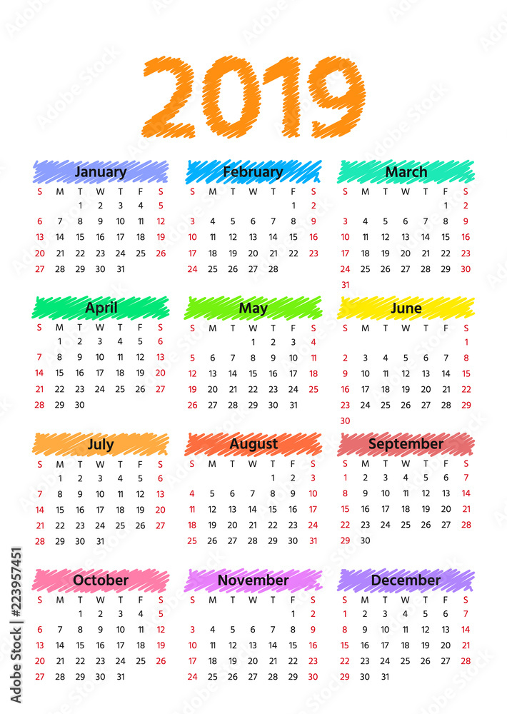 2019 Calendar. Vector. Week starts Sunday. Stationery 2019 year ...