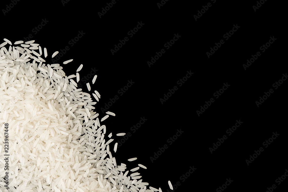 Poster Raw white rice isolated on black background food object design ...