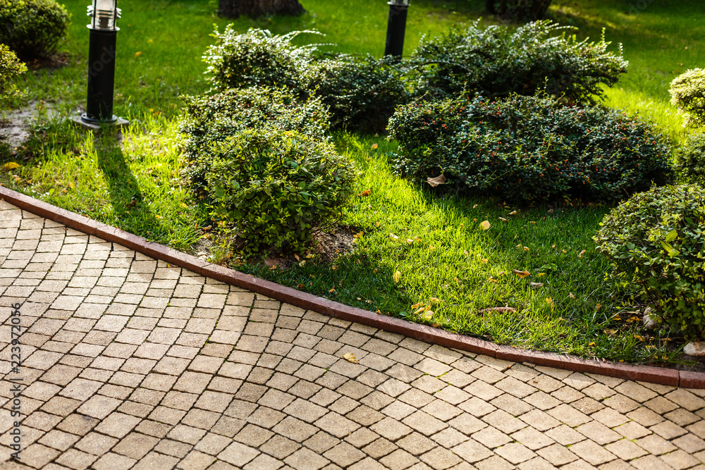 Nested pavers of various colors, around the grass is green, chic garden ...