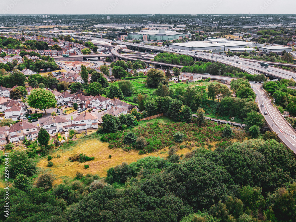 Motorway complex road junction aerial view with traffic moving in the ...