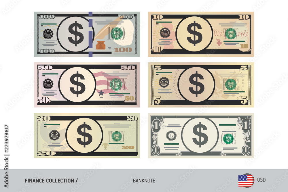 US Dollar Banknote set. Flat style highly detailed vector illustration ...