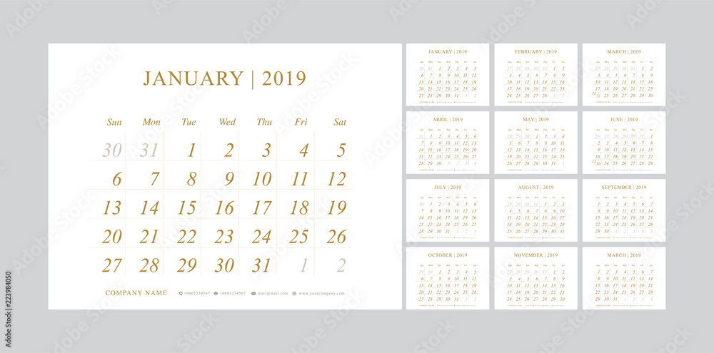 Premium Calendar Planner 2019 years Gold Color. Simple minimal wall ...