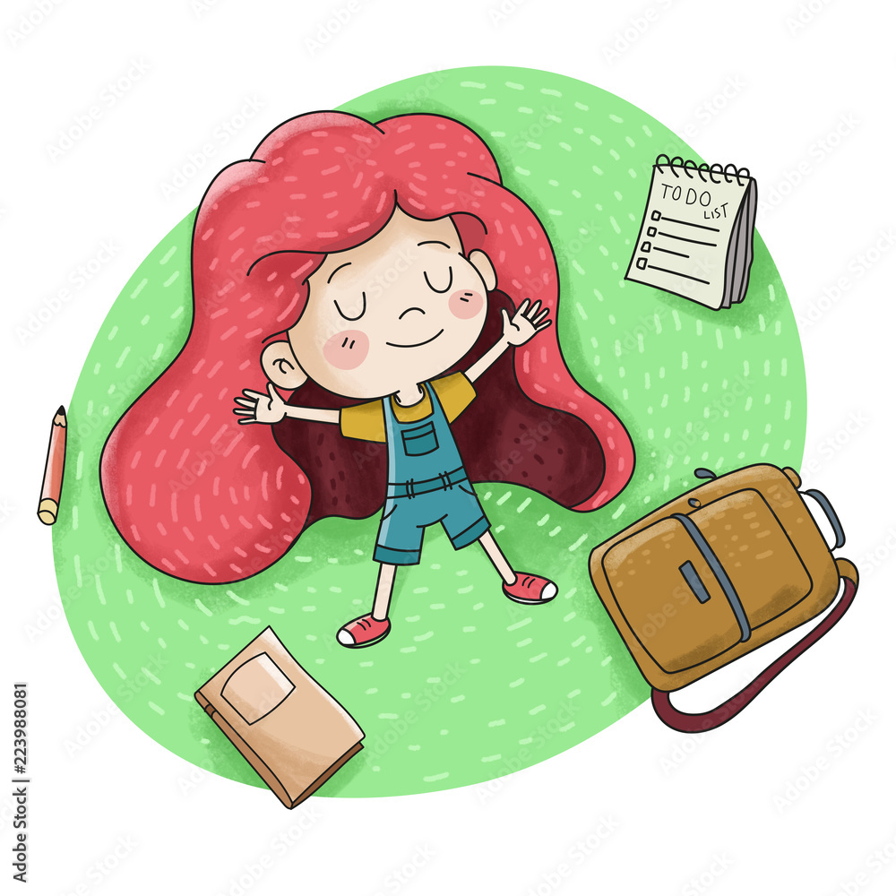 Niña con un libro tumbado en el parque descansando Stock Illustration ...