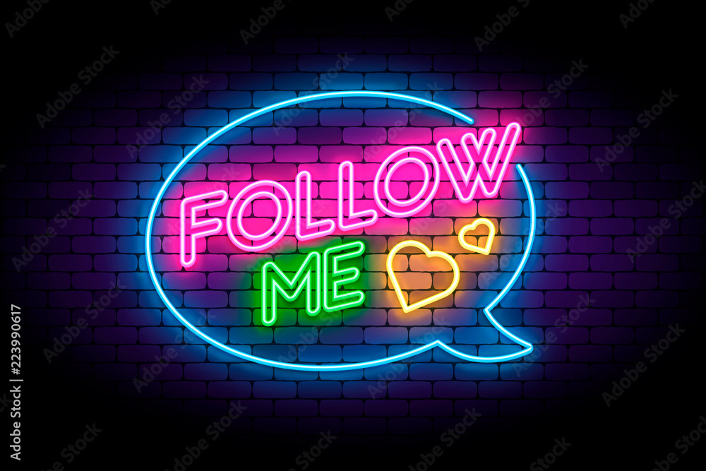 Follow me neon sign on the brick wall with hearts and speech bub Stock ...