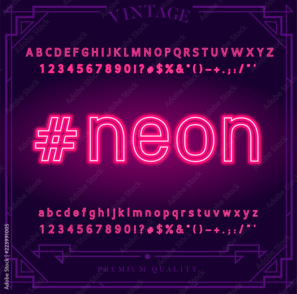 Bright Neon Alphabet Letters, Numbers and Symbols Sign in Vector. Night ...