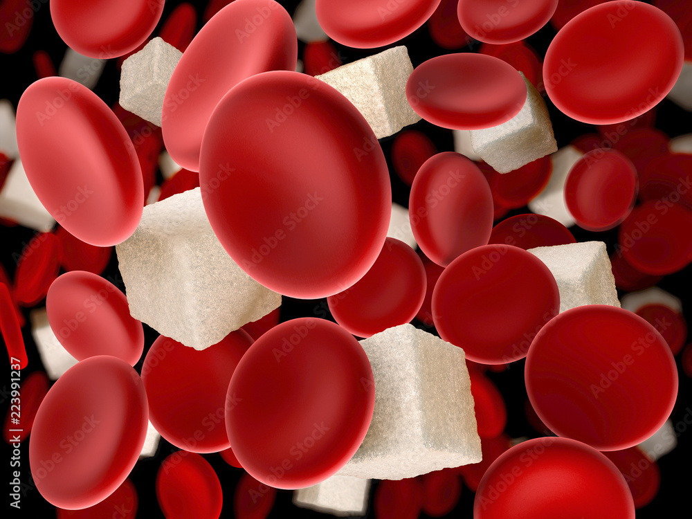 Sugar in the blood. blood cell with cube of sugar, 3d Illustration ...