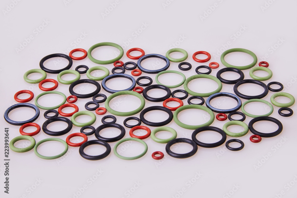 Black, red and gre hydraulic and pneumatic o-ring seals of different ...