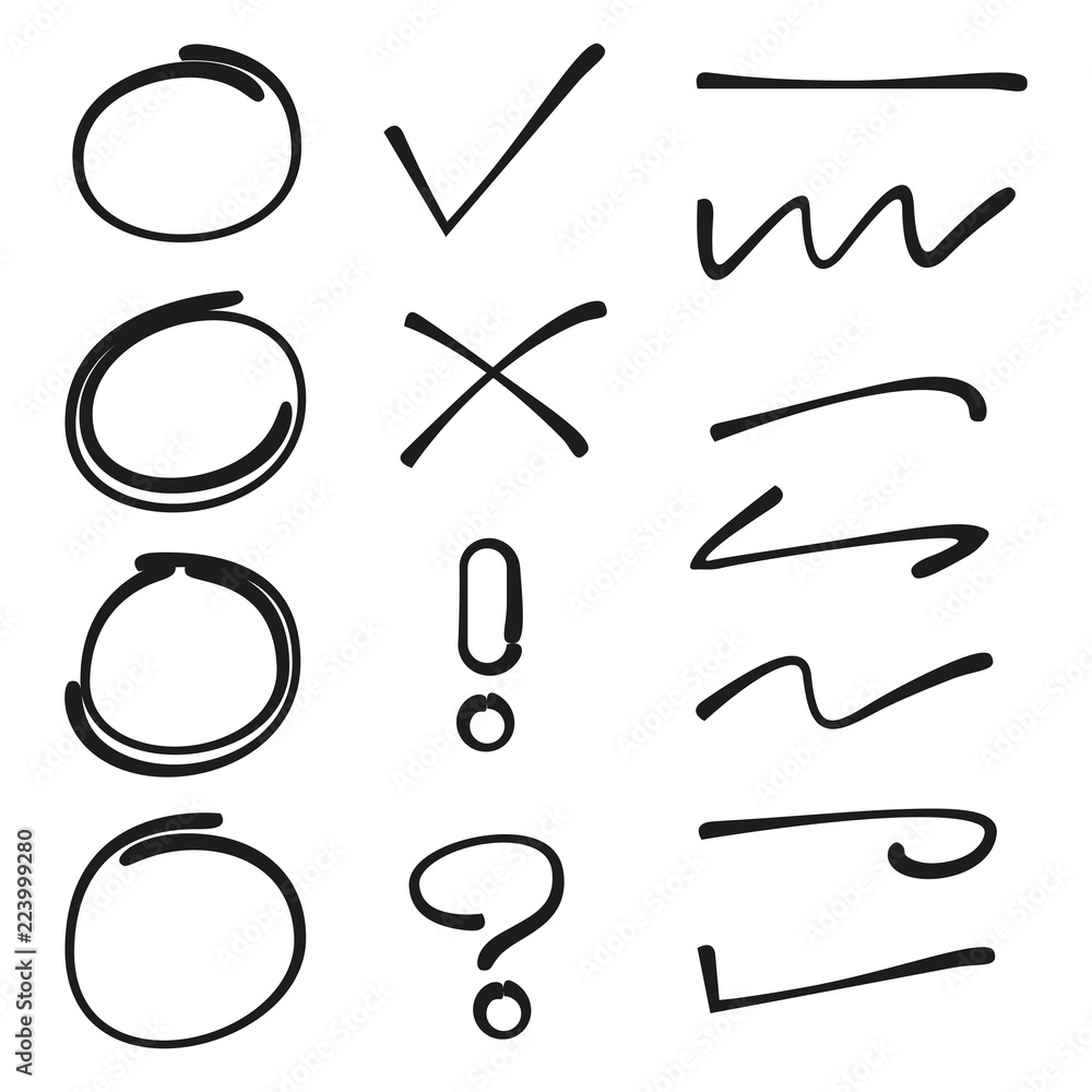 black hand drawn circle markers, underlines and check marks Stock ...