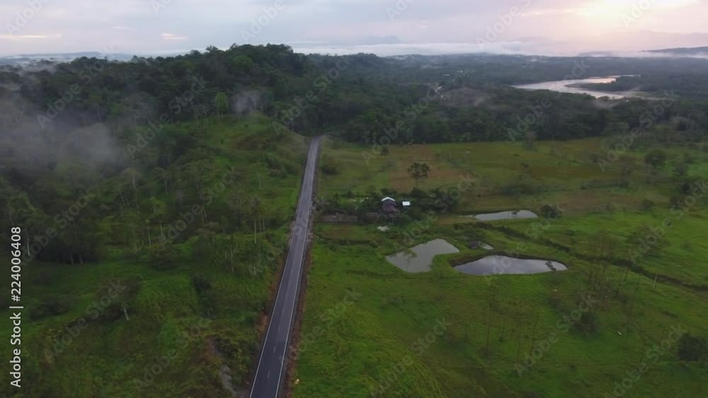 Aerial of a cattle farm cut out of the Amazon rainforest, at dusk. A ...