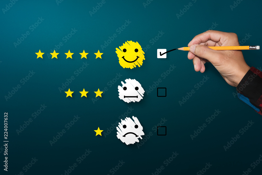 Customer service experience and satisfaction survey concept with hand ...