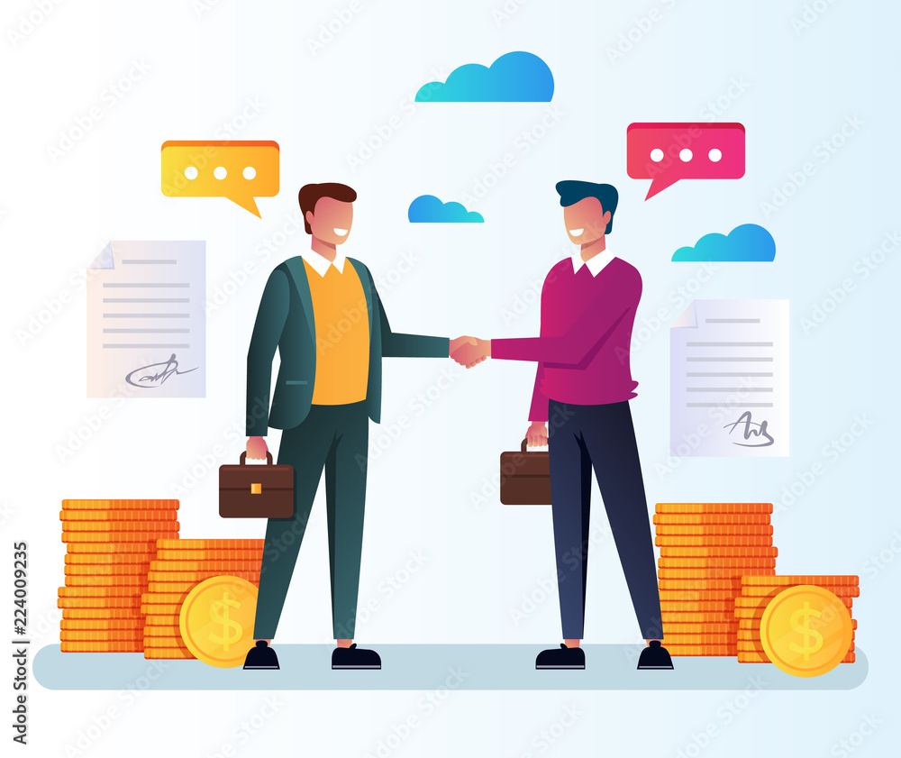 Two businessman office workers characters making business deal and ...