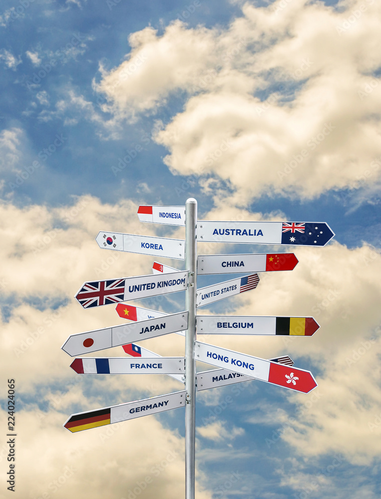 directions with flags and name of several countries in isolate white ...