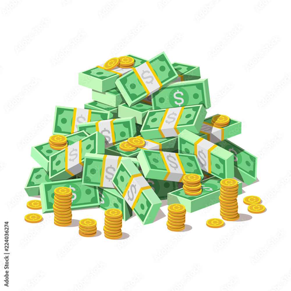 Big pile of cash money banknotes, american dollars and gold coins ...