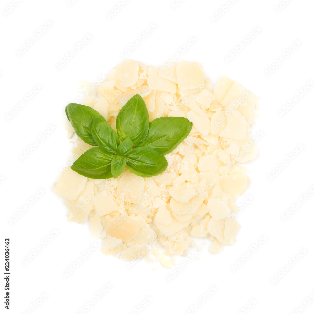 Pile of parmesan cheese flakes and crumbs isolated Stock Photo | Adobe ...