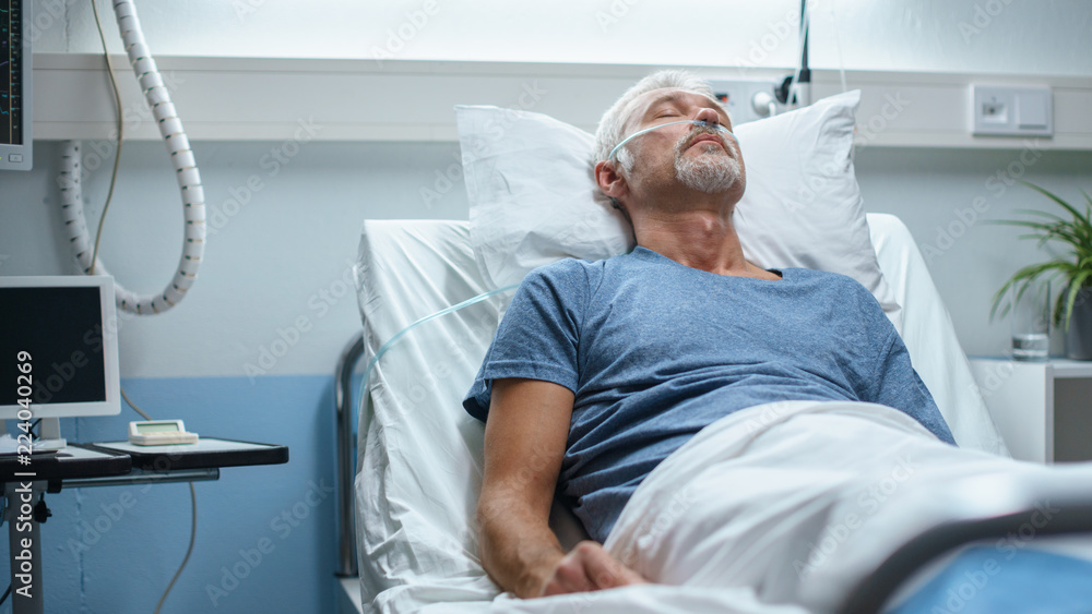 In the Hospital, Senior Patient Lying in Bed, Sleeping. Modern Hospital ...