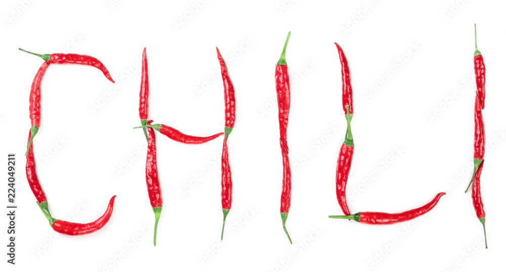 Word chili written from red hot pepper letters isolated on white ...