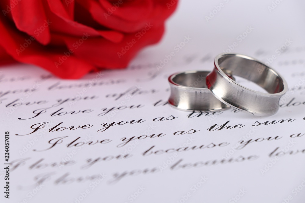 wedding rings on a handwritten love letter with a declaration of love ...