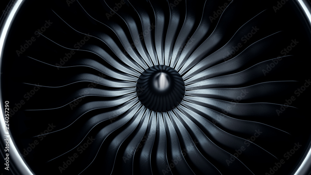 Poster 3d Illustration of jet engine, close-up view jet engine blades ...