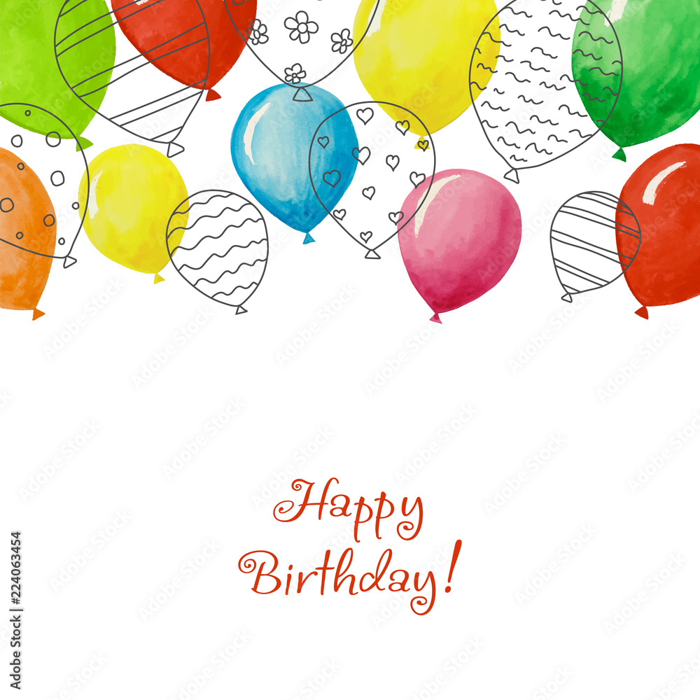 Watercolor invitation design with balloons. Hand painted background ...