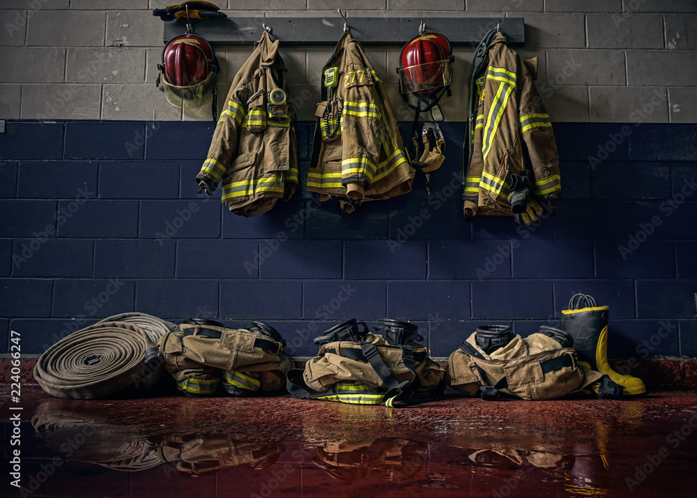 Firefighter bunker suit in the fire station Stock Photo | Adobe Stock