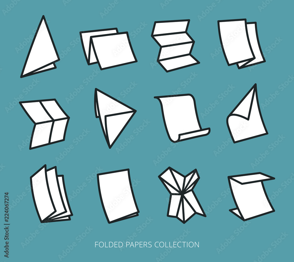 Folded paper sheets and documents with thick linear contour with fill . Vector icons set. Stock ...
