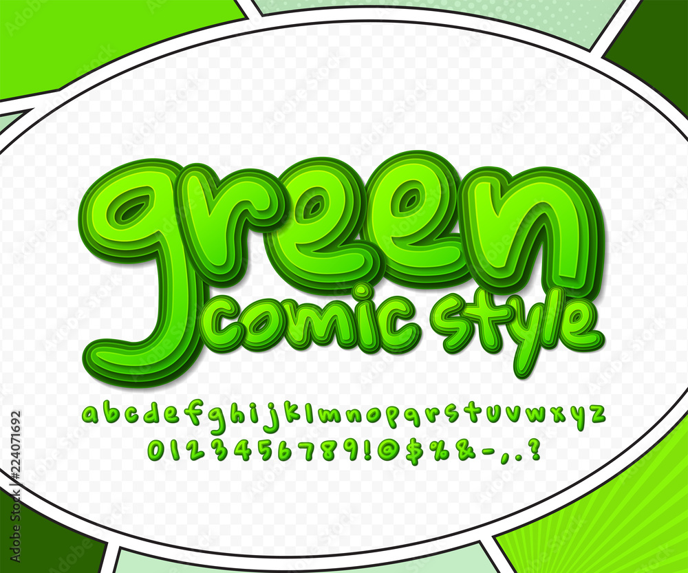 Rich green comic font on comics book page. Multilevel cartoon alphabet ...