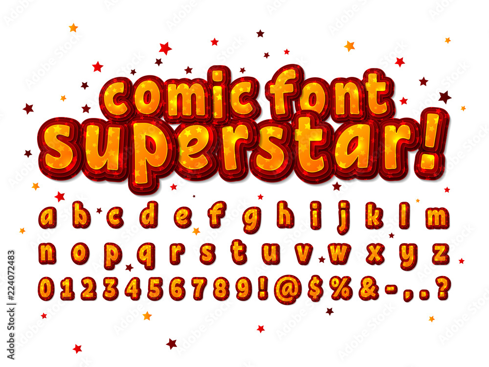 Star orange and red comic font on white background with colorful stars ...