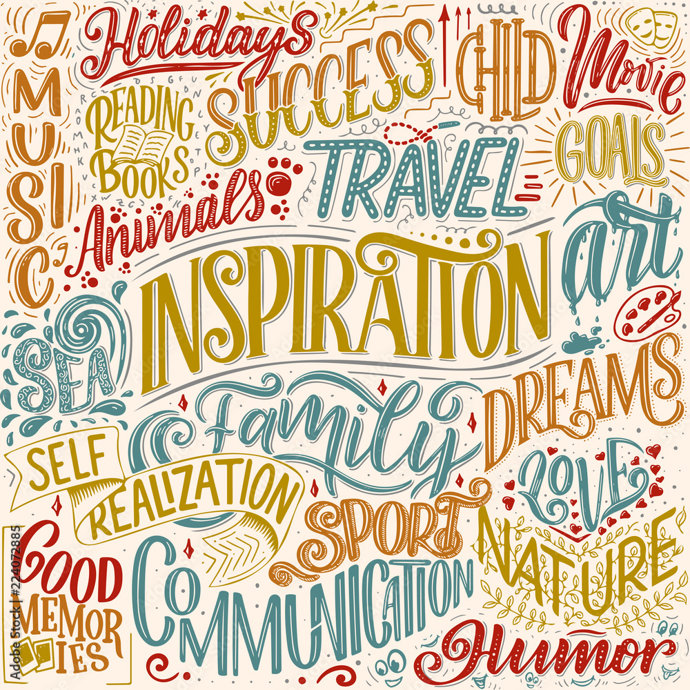 Poster with different type of inspirations. Inspirational words. Hand ...