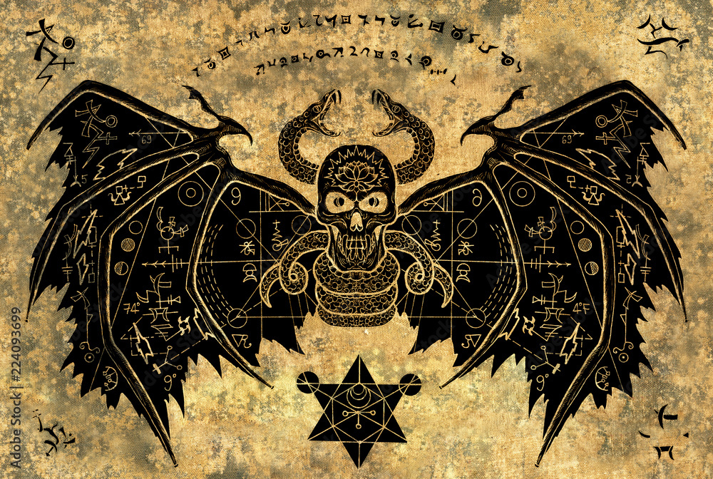 Winged demon with mystic symbols on grunge paper background. Esoteric ...