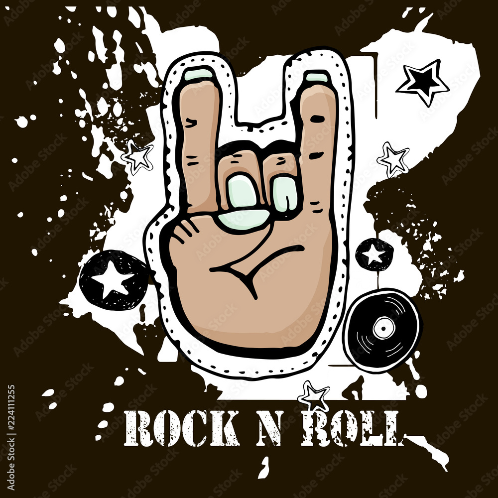 Grunge texture background , text Rock n Roll. Hand palm. Rock symbol ...