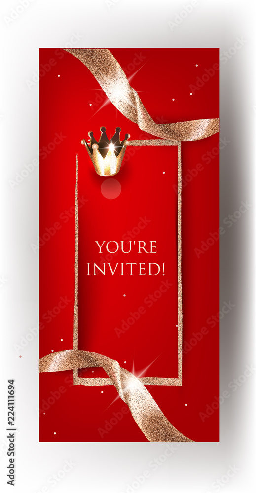 Red invitation card with beautiful textured ribbons and golden frame ...