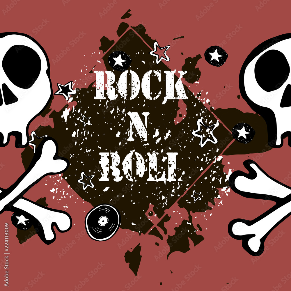 Grunge texture background , text Rock n Roll. Skull and bones. Hand ...