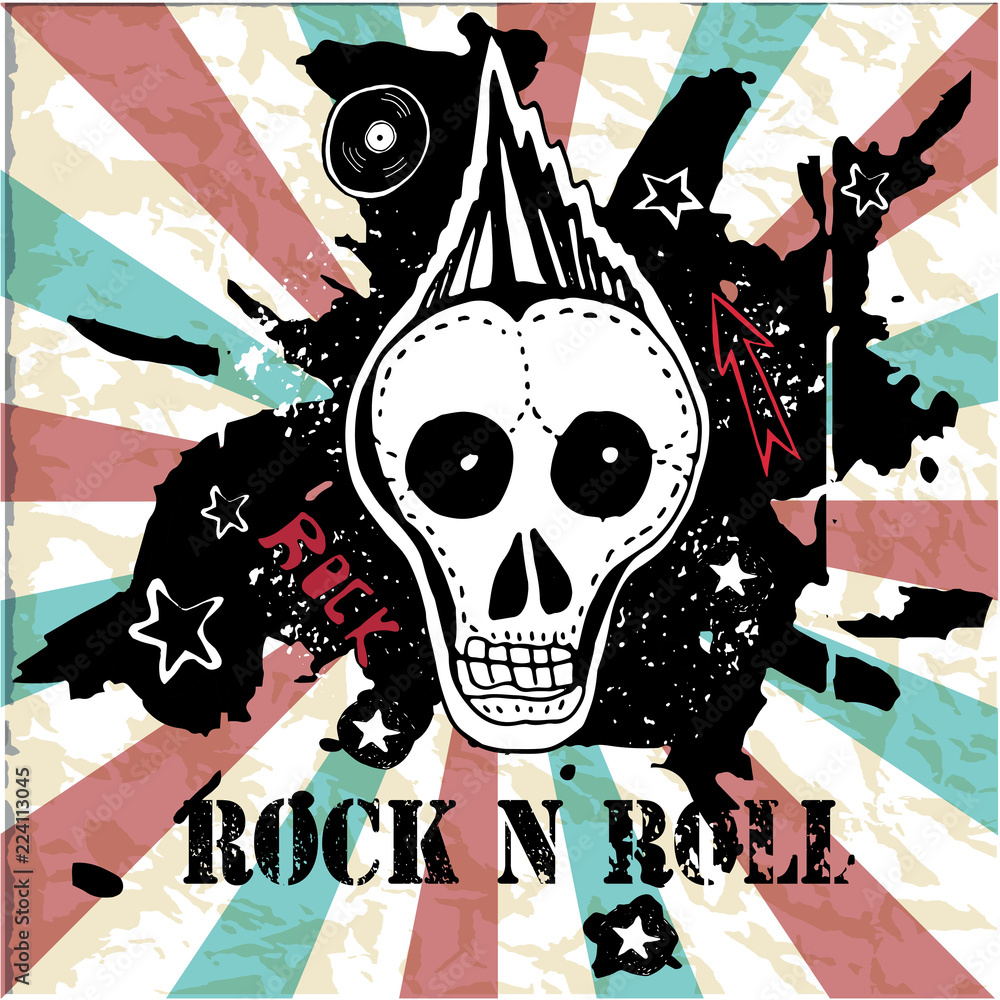 Grunge texture background , text Rock n Roll. Skull and bones. Punk ...