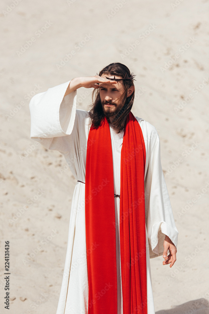 Jesus in robe, red sash and crown of thorns looking away in desert ...