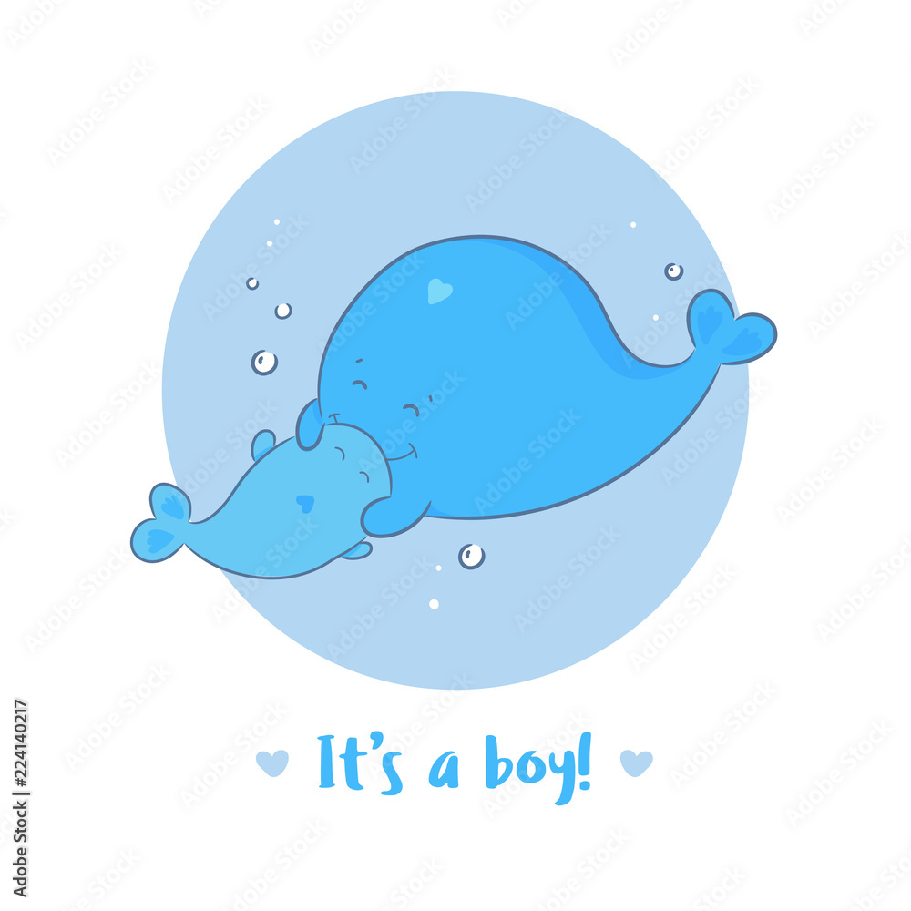 It’s a boy announcement card with mother and newborn baby son whales ...