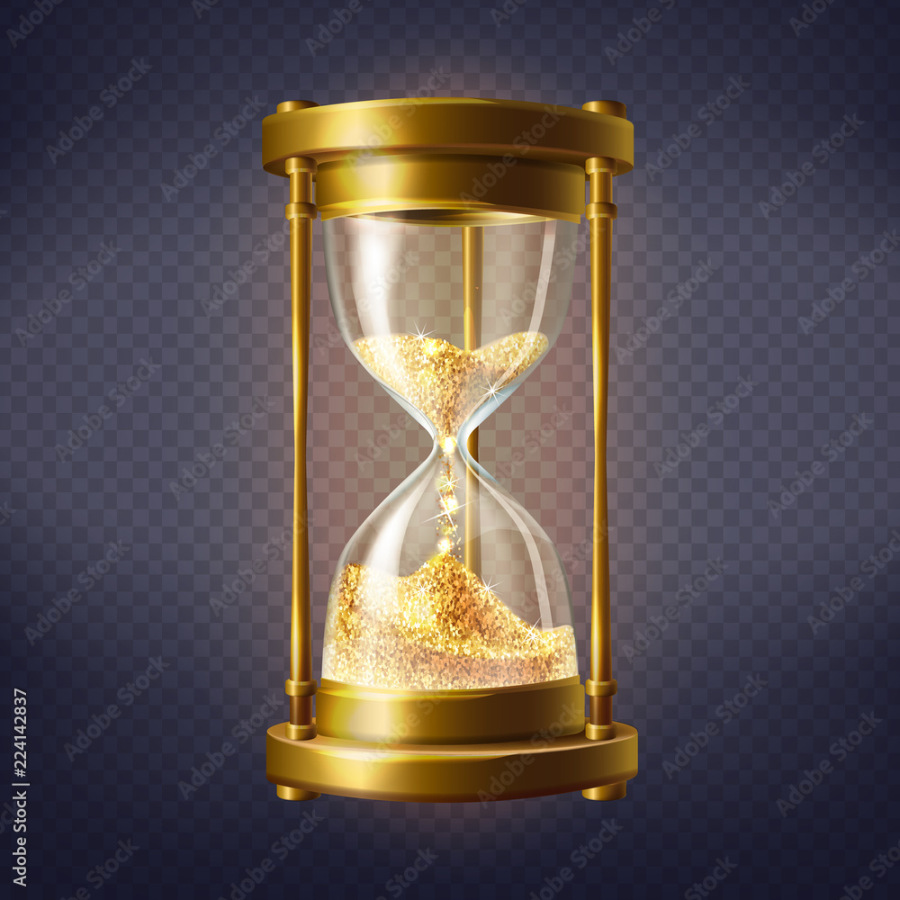 Vector realistic hourglass, antique clock with golden sand inside ...