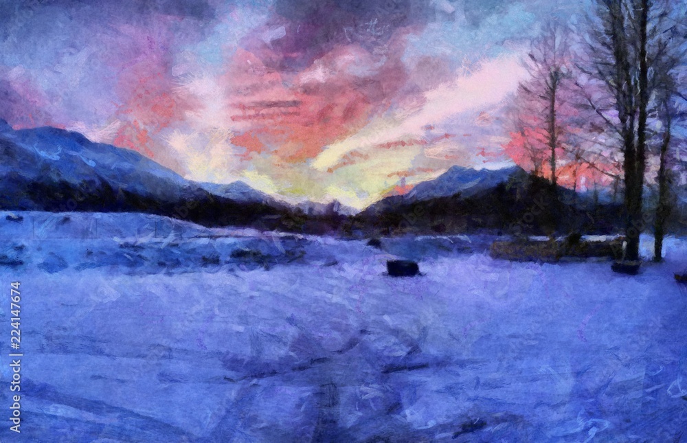 Winter Mountain Sunset Painting