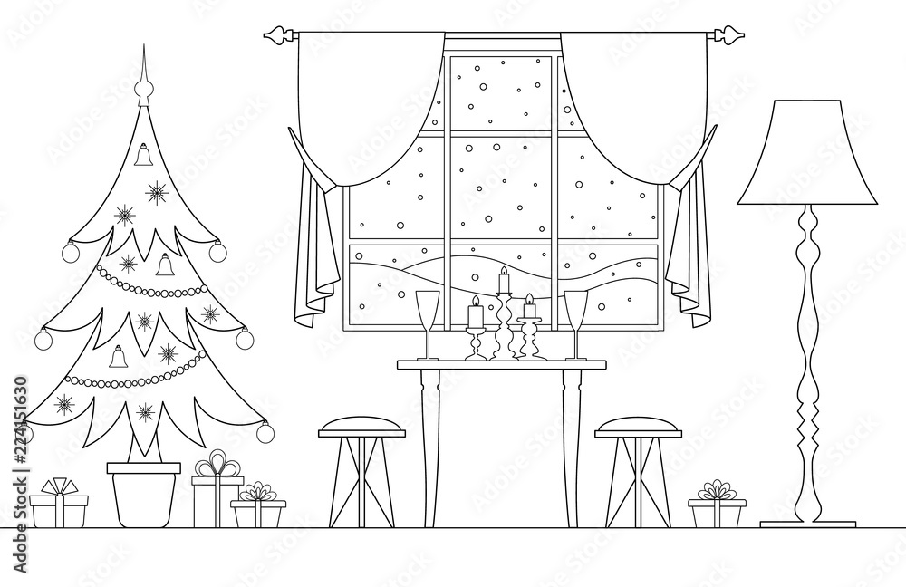 Scene of a festive dinner on Christmas Eve. Outline interior with ...