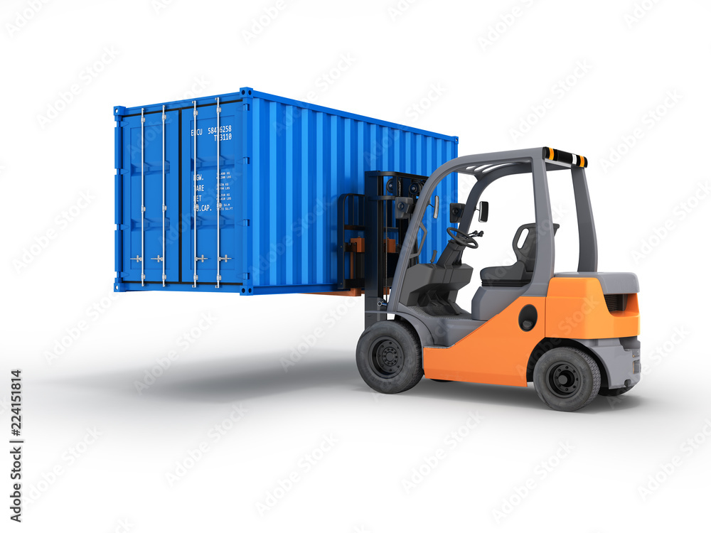 Forklift handling the cargo shipping container isolated on white ...