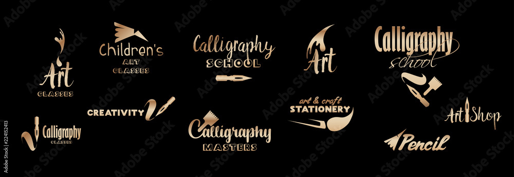 Art classes golden lettering logo design set. Calligraphy school and ...