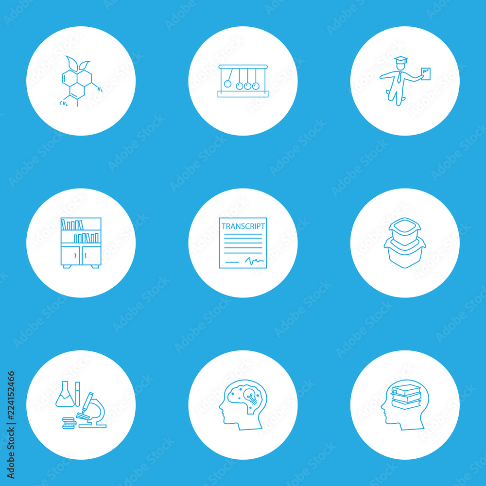 School icons line style set with best student, science research ...