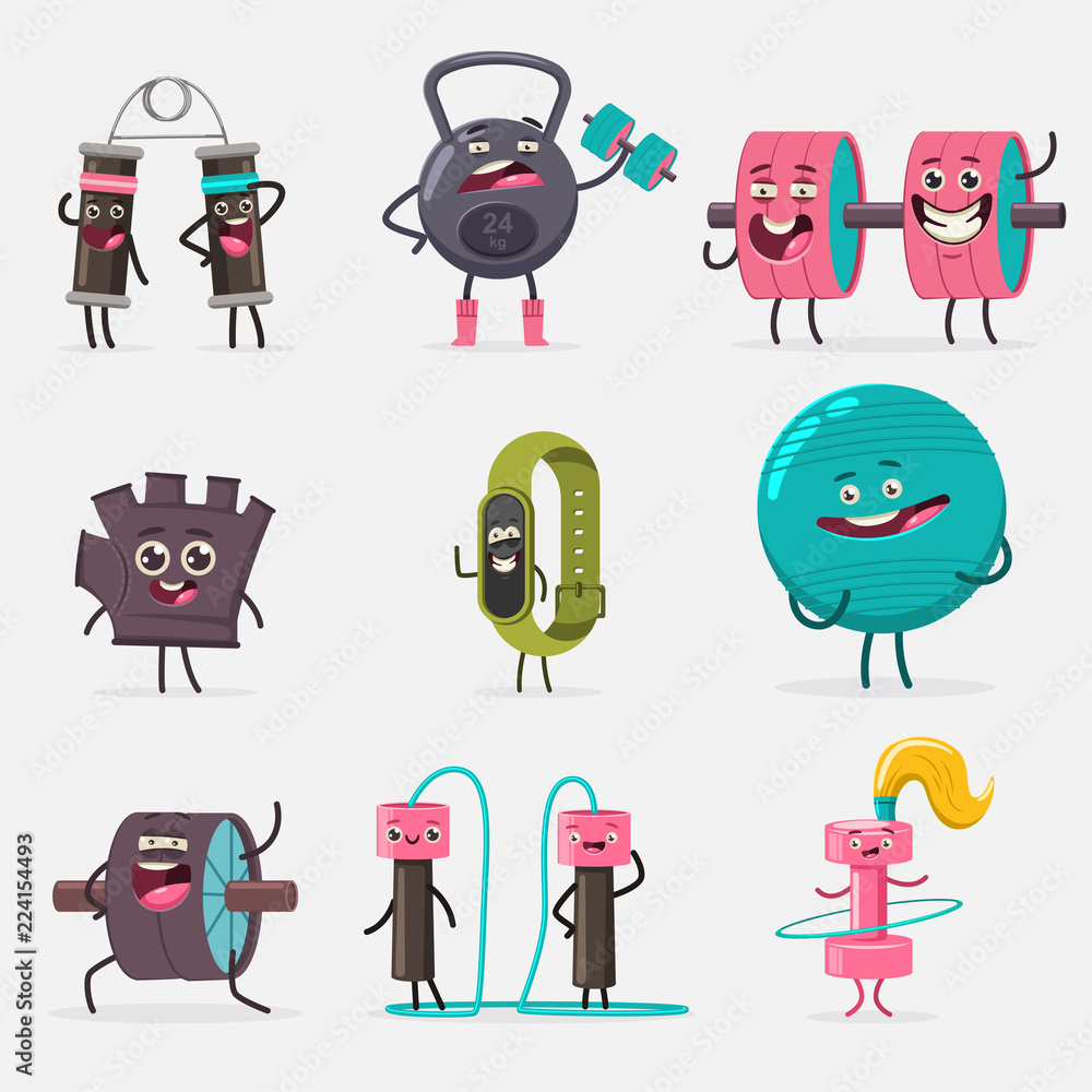 Funny fitness equipment characters doing exercises. Vector cartoon set ...