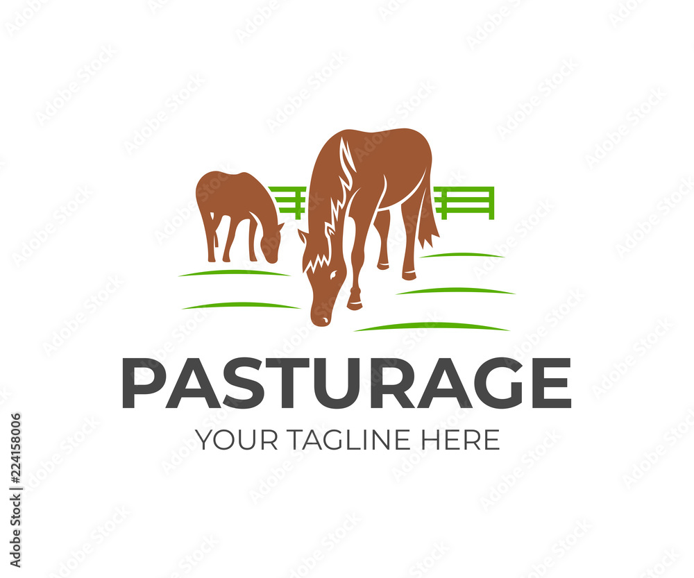 Horse pasture with fence, logo design. Animal, pet, farm and nature ...